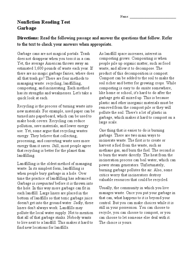 Nonfiction Reading Test Garbage: Directions: Read The Following Passage ...