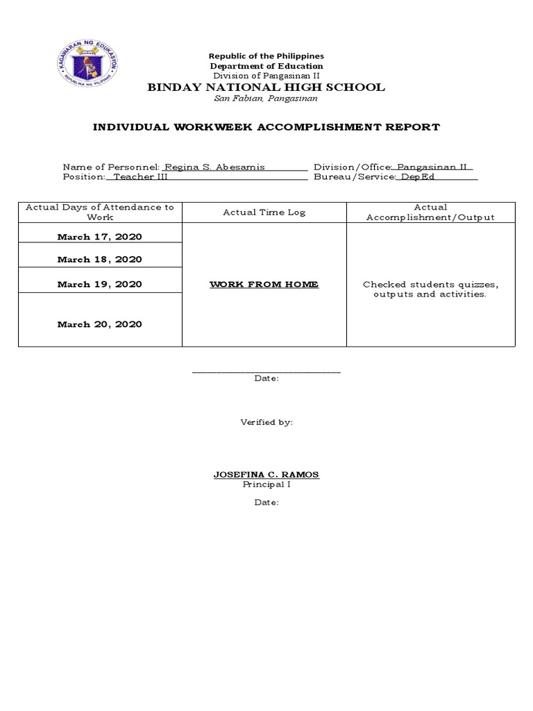 Binday National High School: Individual Workweek Accomplishment Report ...