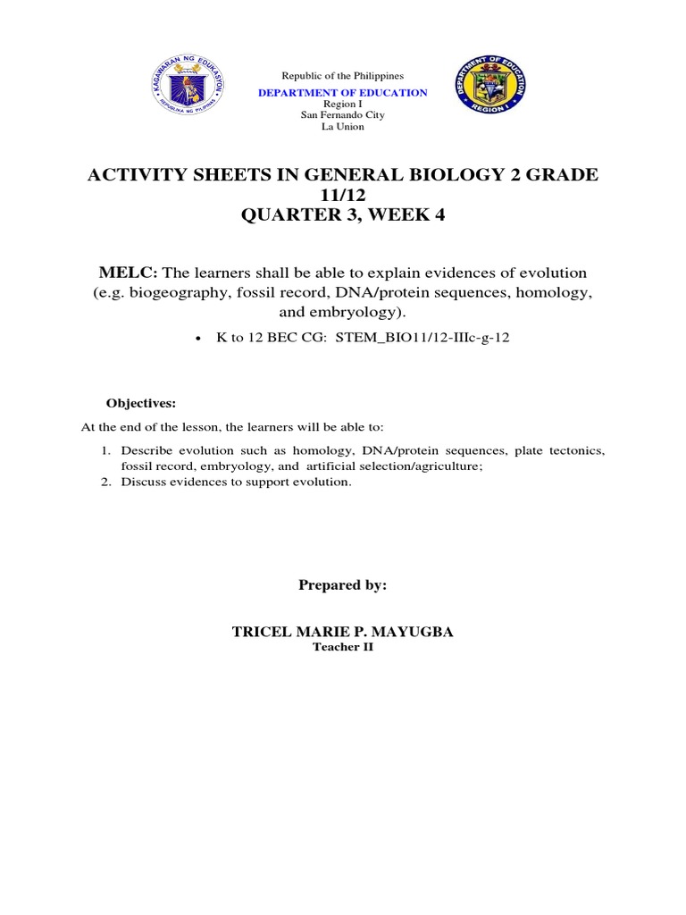 Activity Sheets in General Biology 2 Grade 11/12 Quarter 3, Week 4 ...