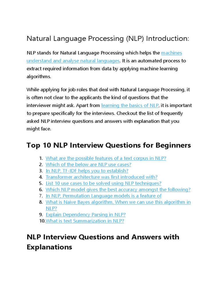 Natural Language Processing (NLP) Introduction:: Top 10 NLP Interview Questions For Beginners ...