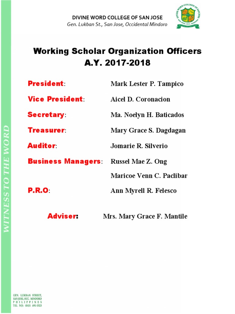Working Scholar Organization Officers A.Y. 2017-2018 | PDF