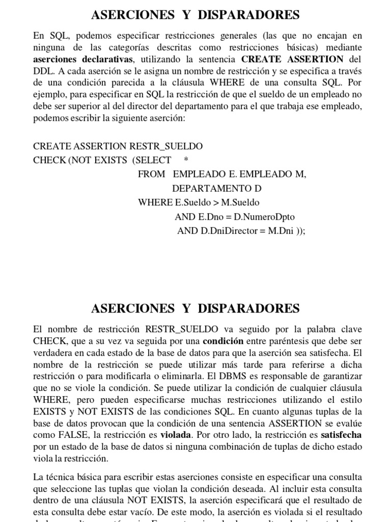 Aserciones Disparadores | PDF | SQL | Bases de datos