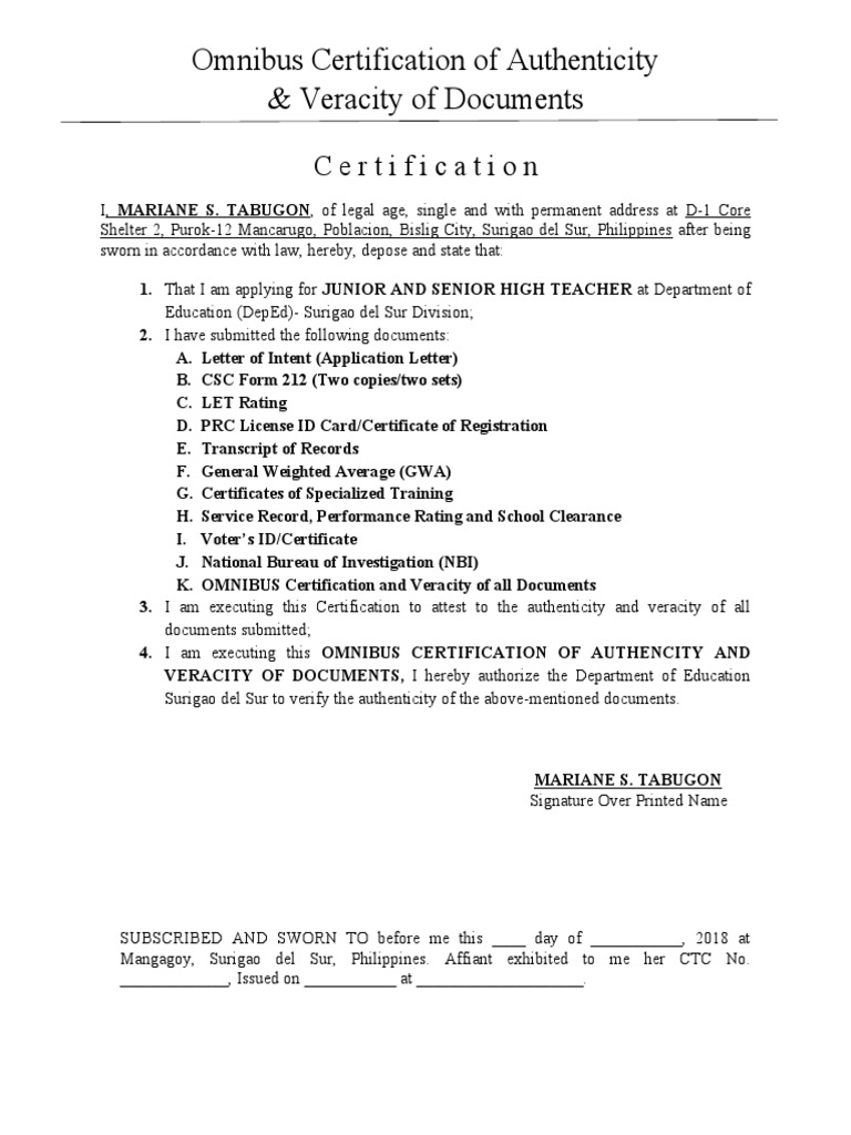 Omnibus Certification of Authenticity | PDF | Government And Personhood ...