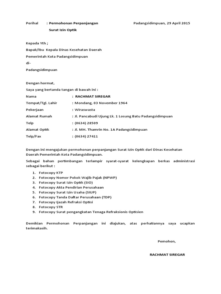 Surat Permohonan Perpanjangan SIO | PDF