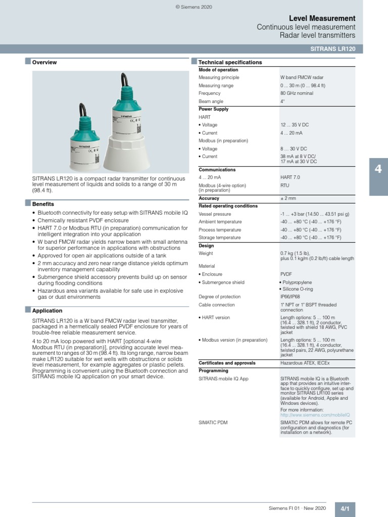 Technical Specifications: Continuous Level Measurement Radar Level ...