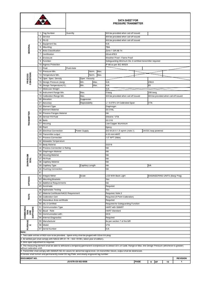 Data Sheet For Pressure Transmitter | PDF | Calibration | Pressure