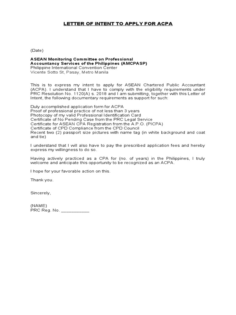 Letter of Intent To Apply For Acpa | PDF