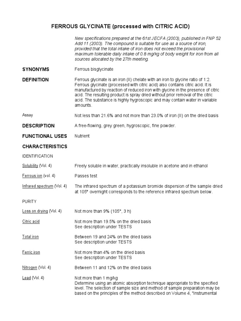 Ferrous Glycinate (Processed With Citric Acid) : Synonyms | PDF | Iron ...