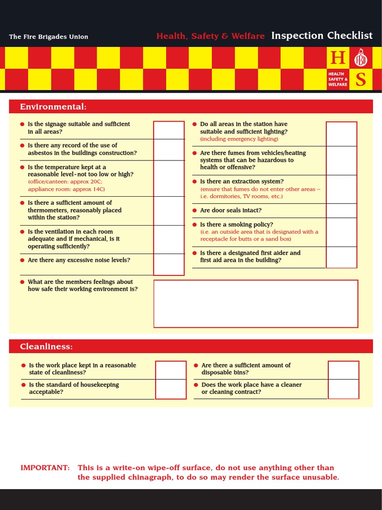 HS Inspection Checklist Form | PDF | Occupational Safety And Health ...