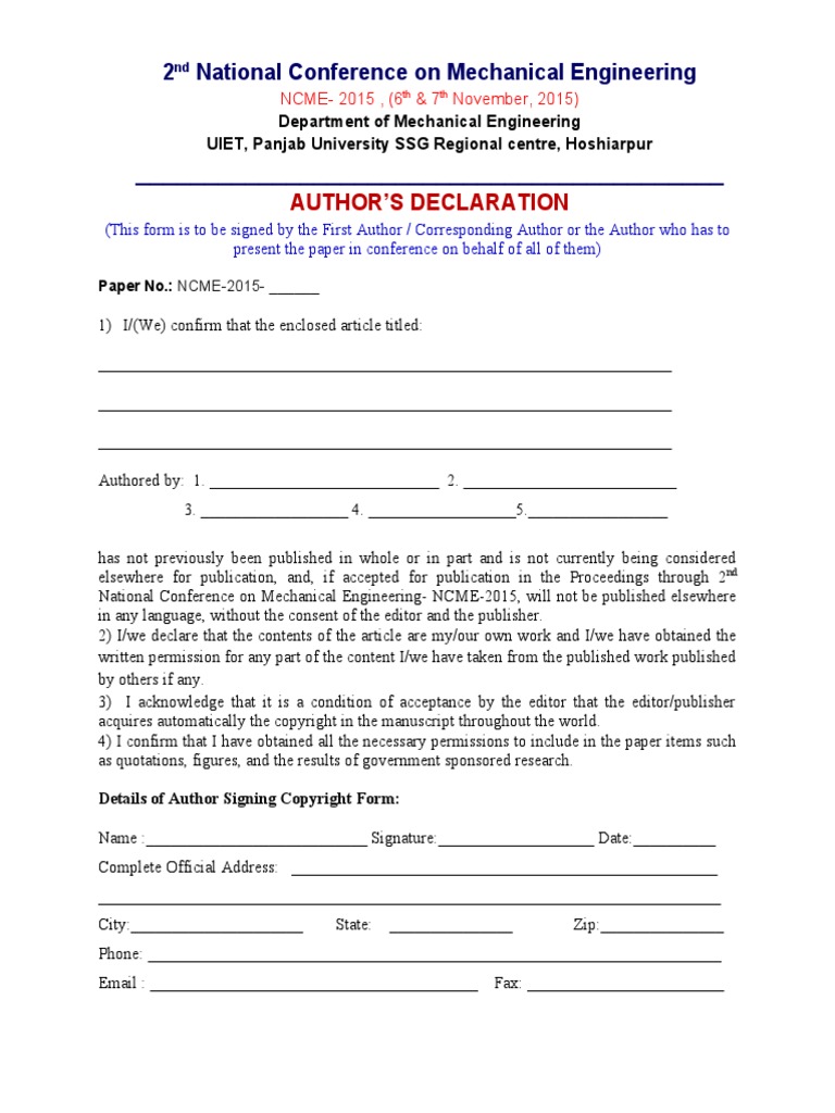 2 National Conference On Mechanical Engineering: Author'S Declaration | PDF