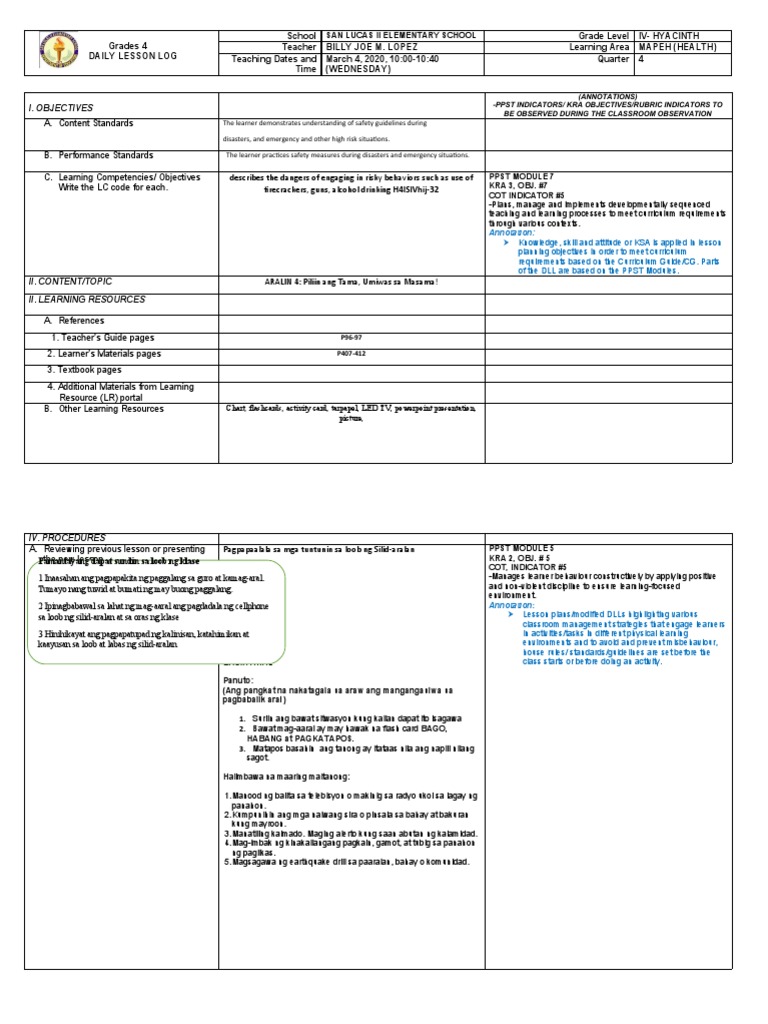 BJ COT 4 MAPEH (HEALTH) | PDF | Curriculum | Learning