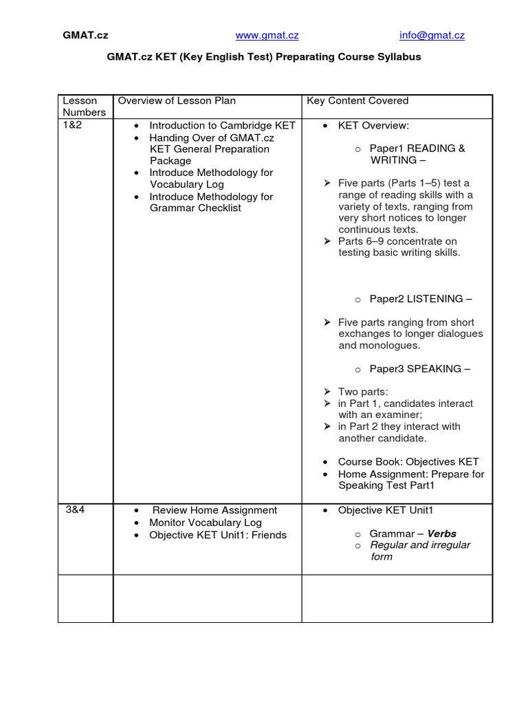 Ket Exam Preparation Course Syllabus Pdf Noun Clause