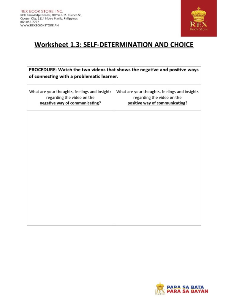 Worksheet 1.3: Self-Determination and Choice | PDF