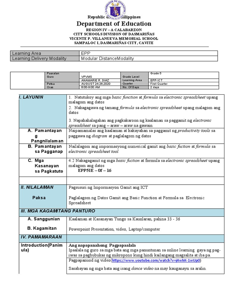 Lesson Exemplar DLP EPP5 - ICT - Electronic Spreadsheet | PDF