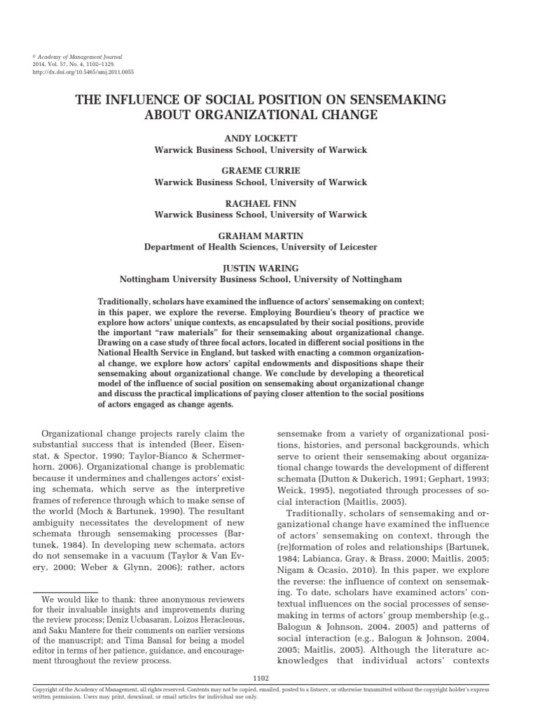 The Influence of Social Position On Sensemaking About Organizational ...