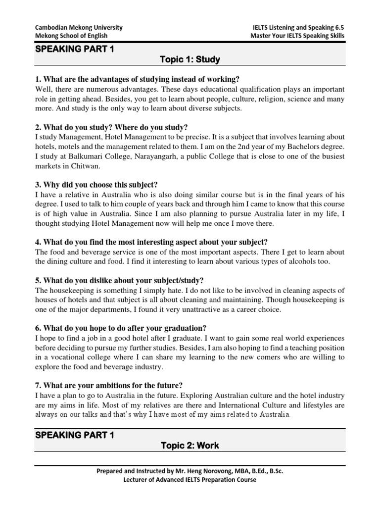 IELTS Speaking Part 1 Topics & Answers PDF | PDF