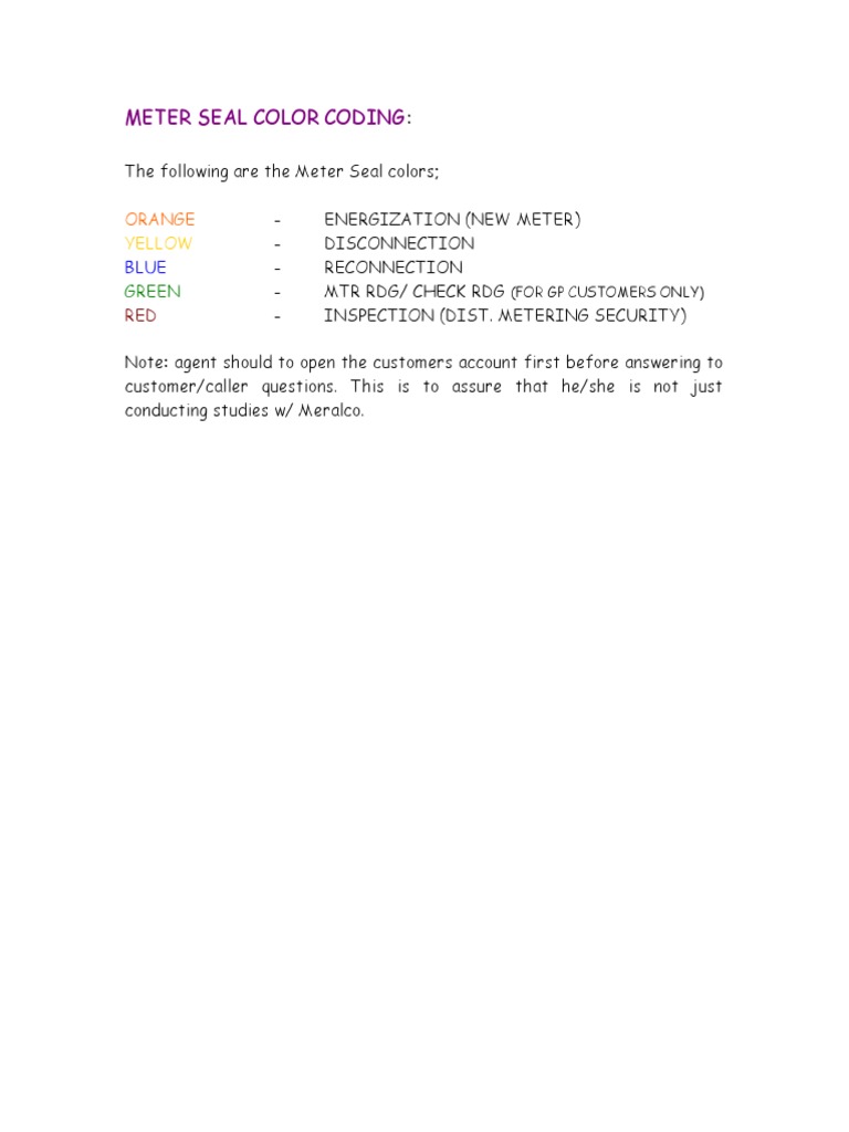 Meralco Meter Seal Color Coding Guide | PDF