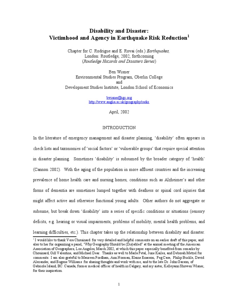 Disability and Disaster Wisner | PDF | Disability | Emergency Management
