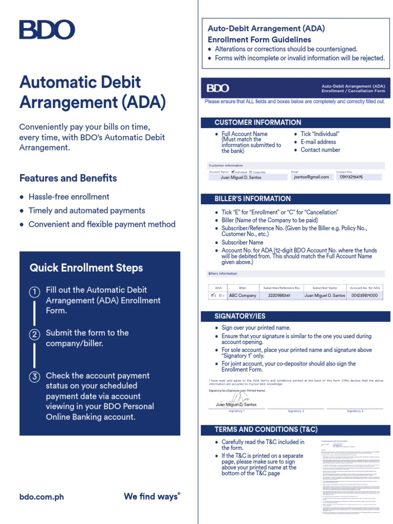 Auto Debit Arrangement - Quick Enrollment Guide | PDF | Debit Card | Subscription Business Model