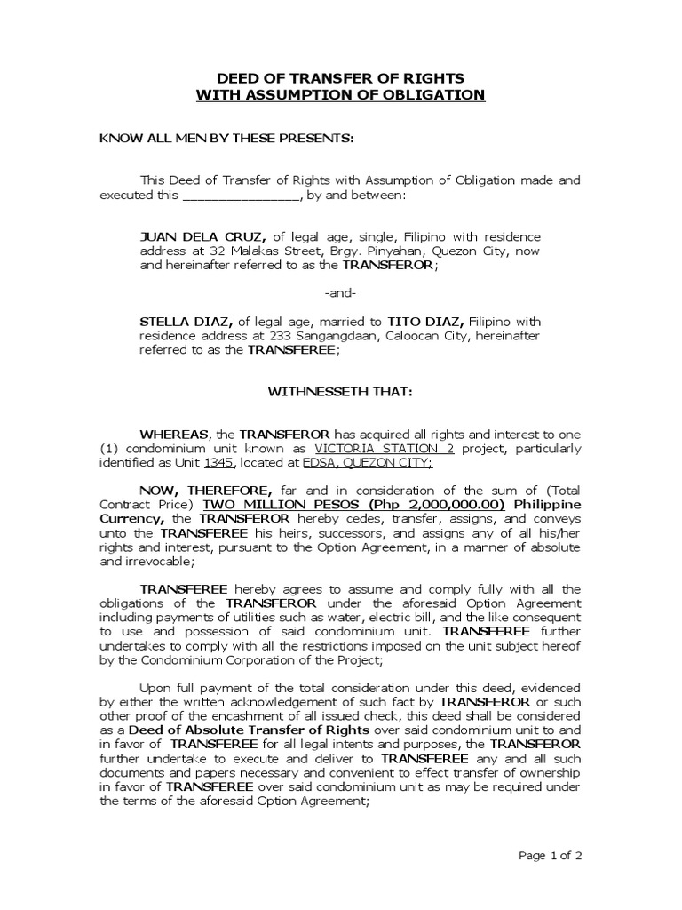 Deed of Transfer of Rights With Assumption of Obligation | PDF | Deed ...