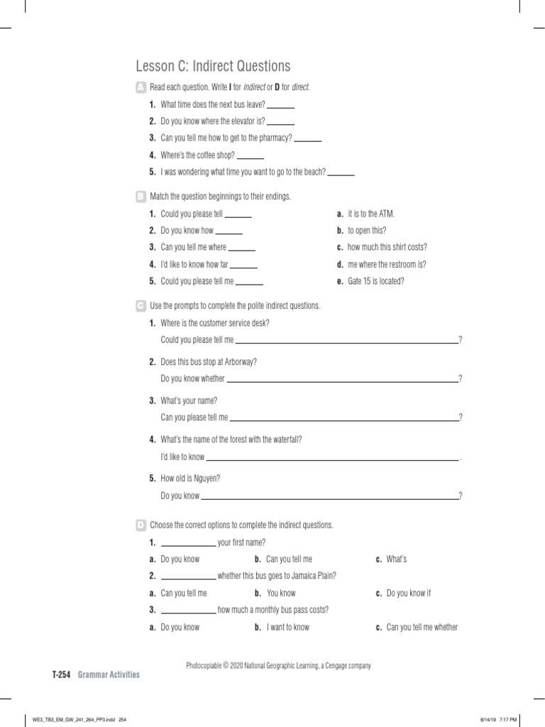 Lesson C: Indirect Questions: Grammar Activities | PDF