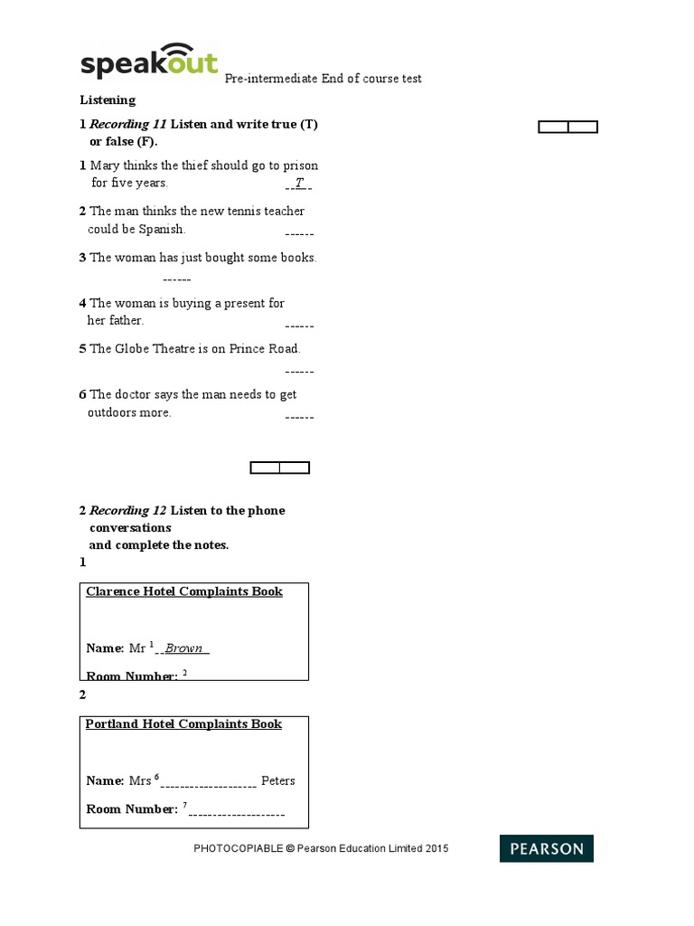 Pre-Intermediate End of Course Test: PHOTOCOPIABLE © Pearson Education ...
