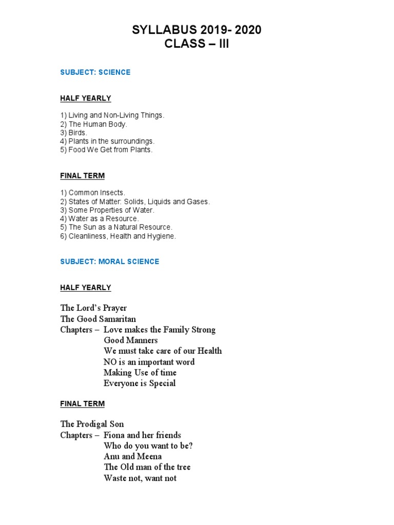 SYLLABUS 2019-2020 Class - Iii: Subject: Science | PDF | Subject ...