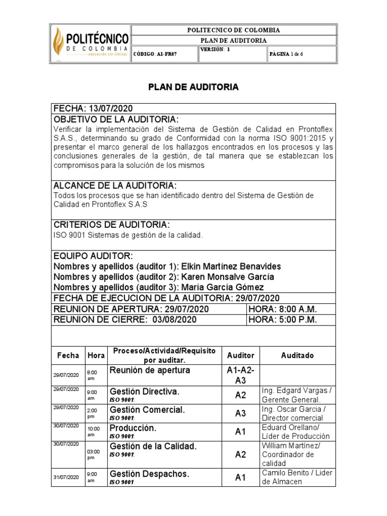 Modelo - Plan de Auditoria Ejemplo | PDF | Auditoría | Gestión de Procesos de Negocio