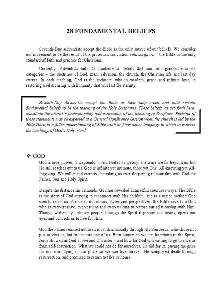 28 Fundamental Beliefs | PDF | Revelation | Christian Belief And Doctrine