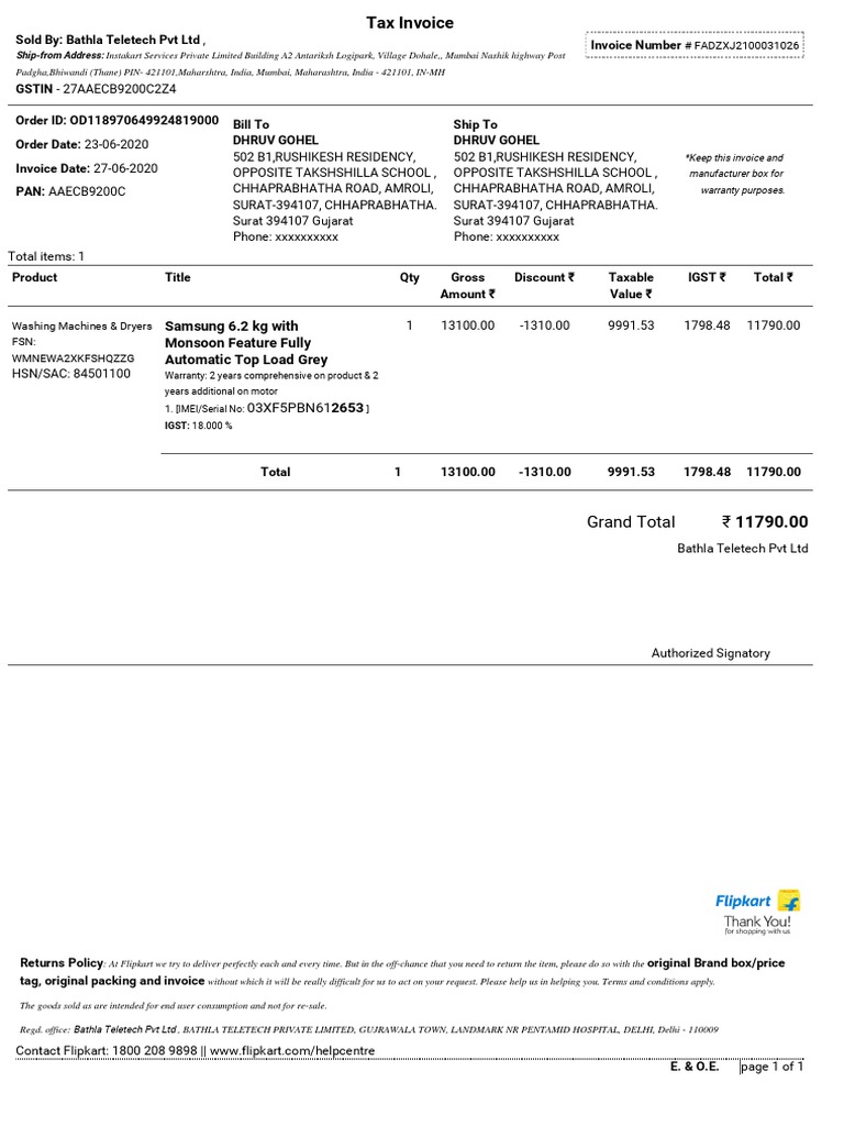 Invoice for the Sale of One Samsung Top Load Washing Machine from ...