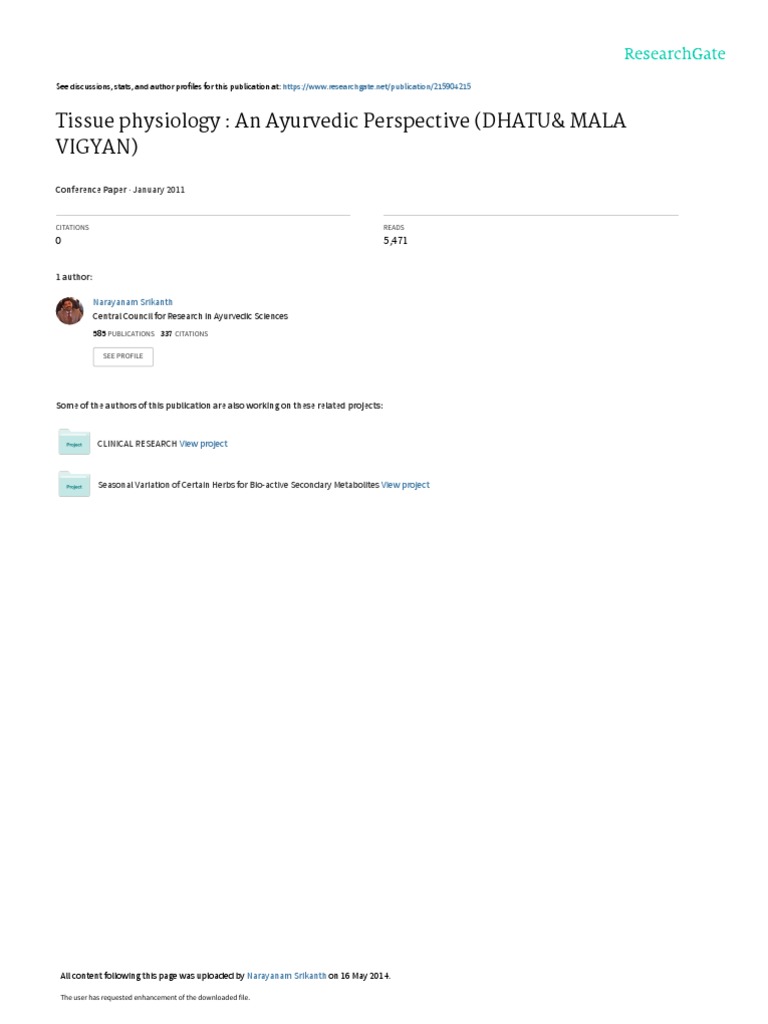 Tissue Physiology An Ayurvedic Perspective DHATU MALA VIGYAN PDF | PDF ...