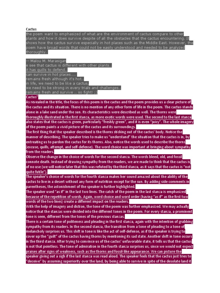 Cactus (Poem of Philippine Literature in English) | PDF | Poetry