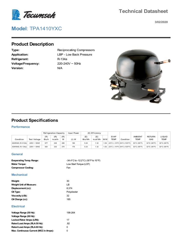 Technical Specifications and Performance Data for a TPA1410YXC Reciprocating Compressor Model ...
