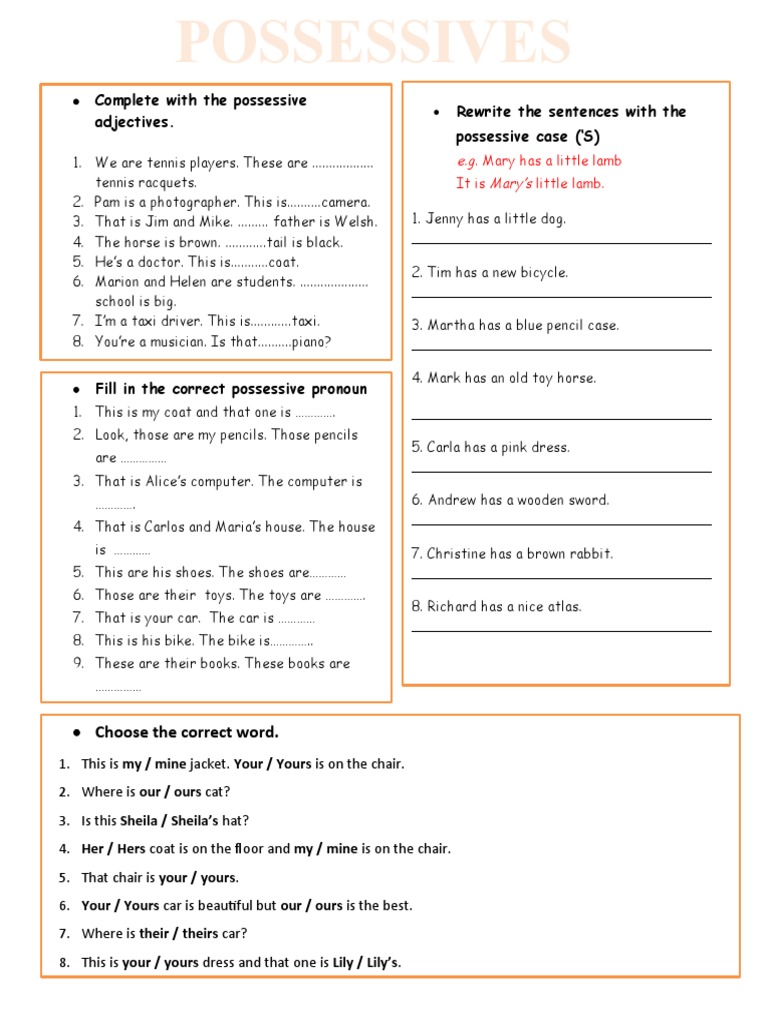 Complete With The Possessive Adjectives. Rewrite The Sentences With The ...