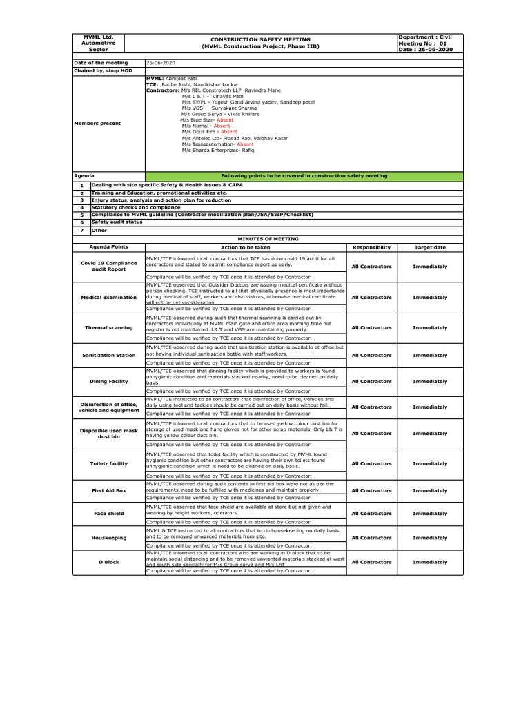 MOM-Safety Meeting 26-06-2020 | PDF | Hygiene | Public Health