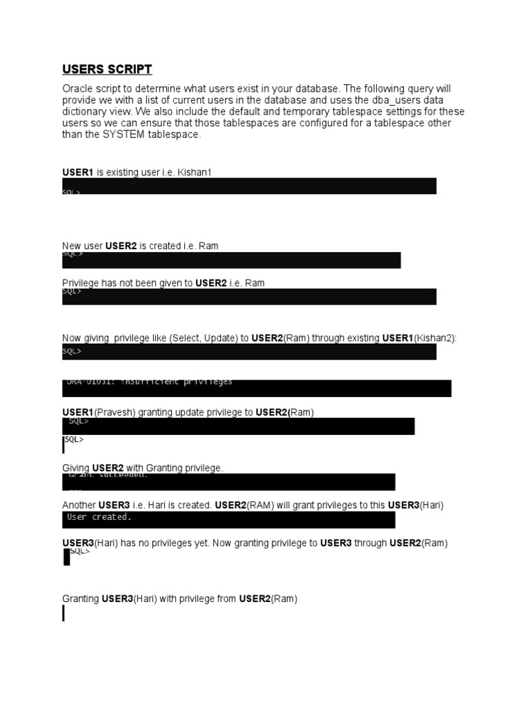 Users Script: USER1 Is Existing User I.E. Kishan1 | PDF