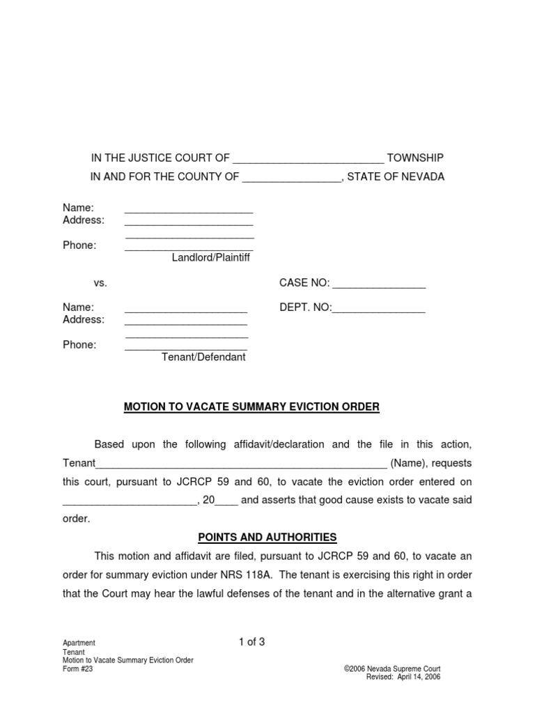 Motion To Vacate Summary Eviction Order | PDF | Eviction | Mail