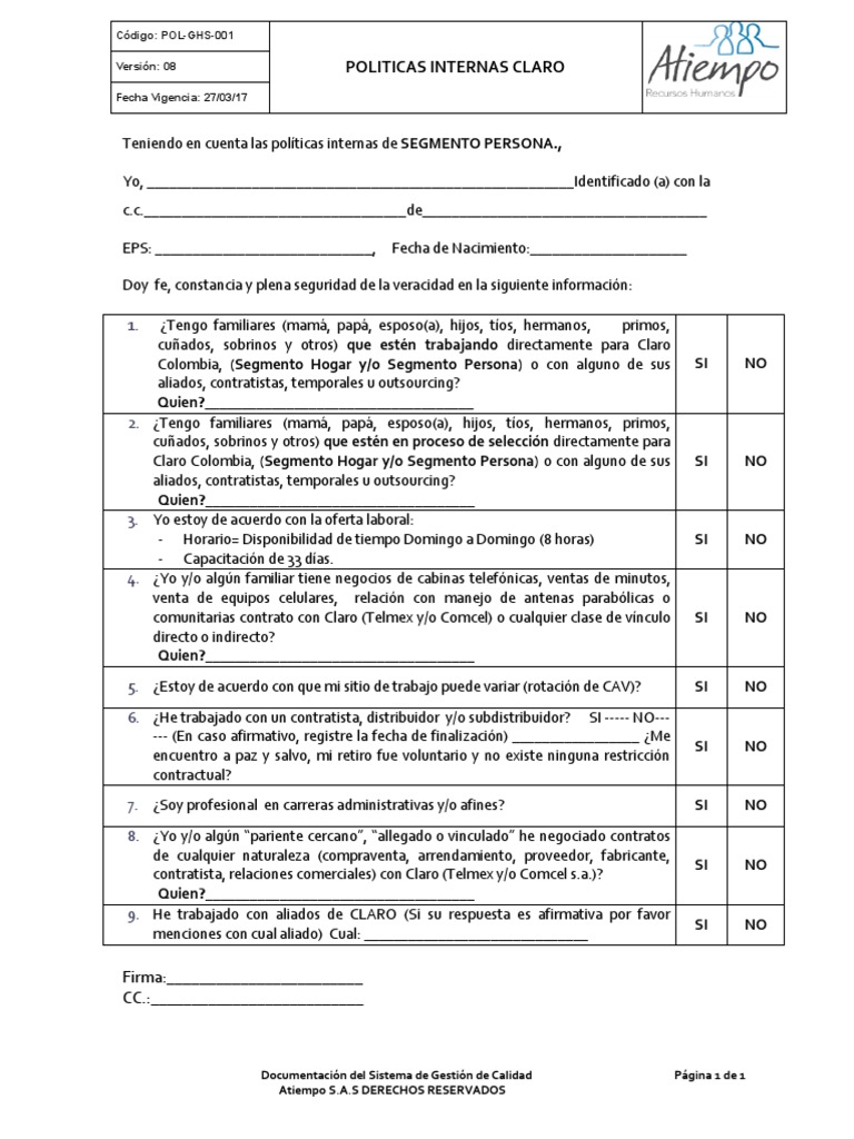 Politicas Internas Segmento Persona Claro S A (Pol-Ghs-001) | PDF ...