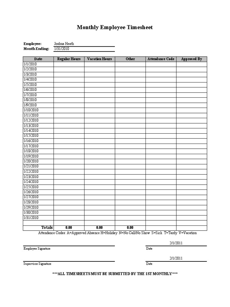 Monthly Employee Timesheet: Regular Hours Vacation Hours Other ...