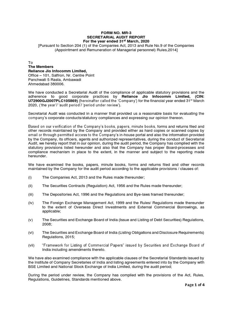 Secretarial Audit Reports of Material Subsidiaries PDF | PDF ...