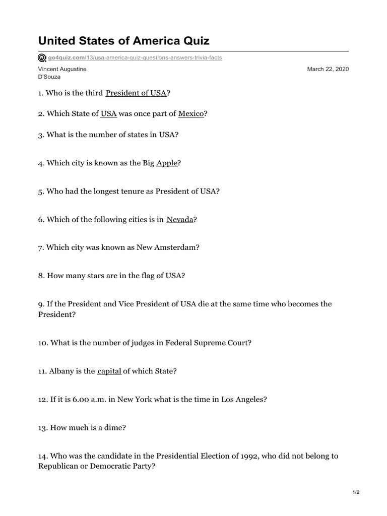 United States of America Quiz | PDF