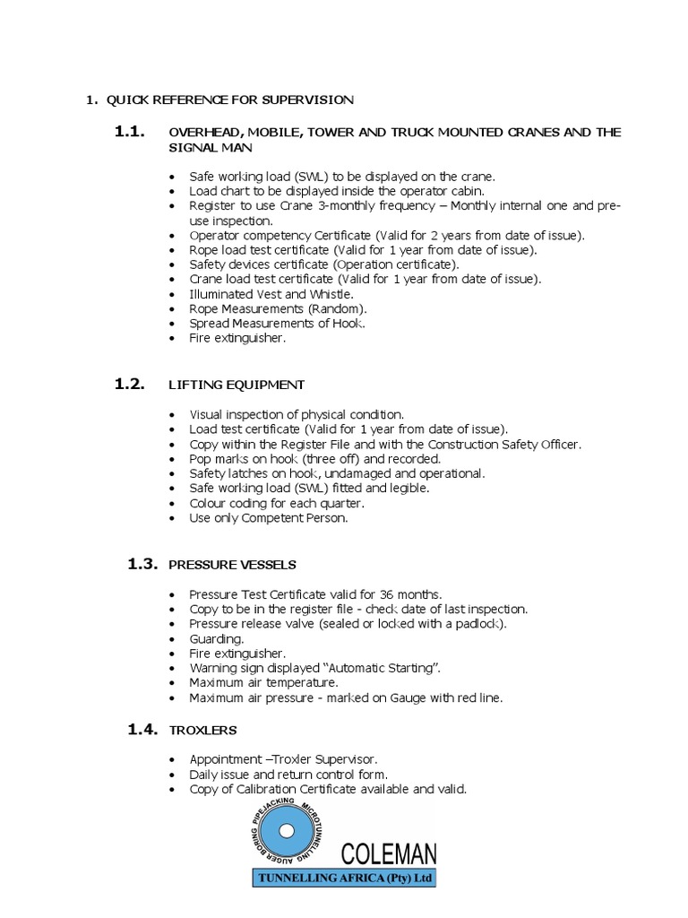 Quick Reference For Supervision | PDF | Crane (Machine) | Electrician