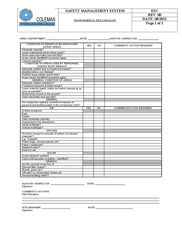 Environmental Site Inspection Checklist | PDF | Waste | Environment