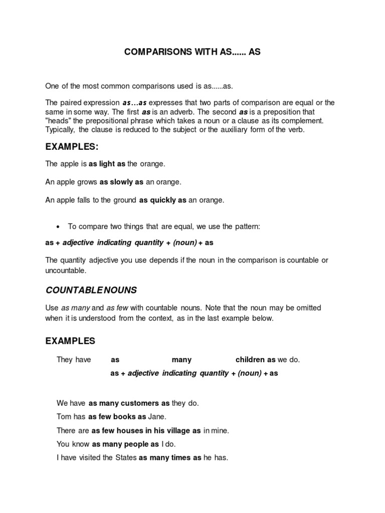 Comparisons With As...... As: As As Expresses That Two Parts of ...