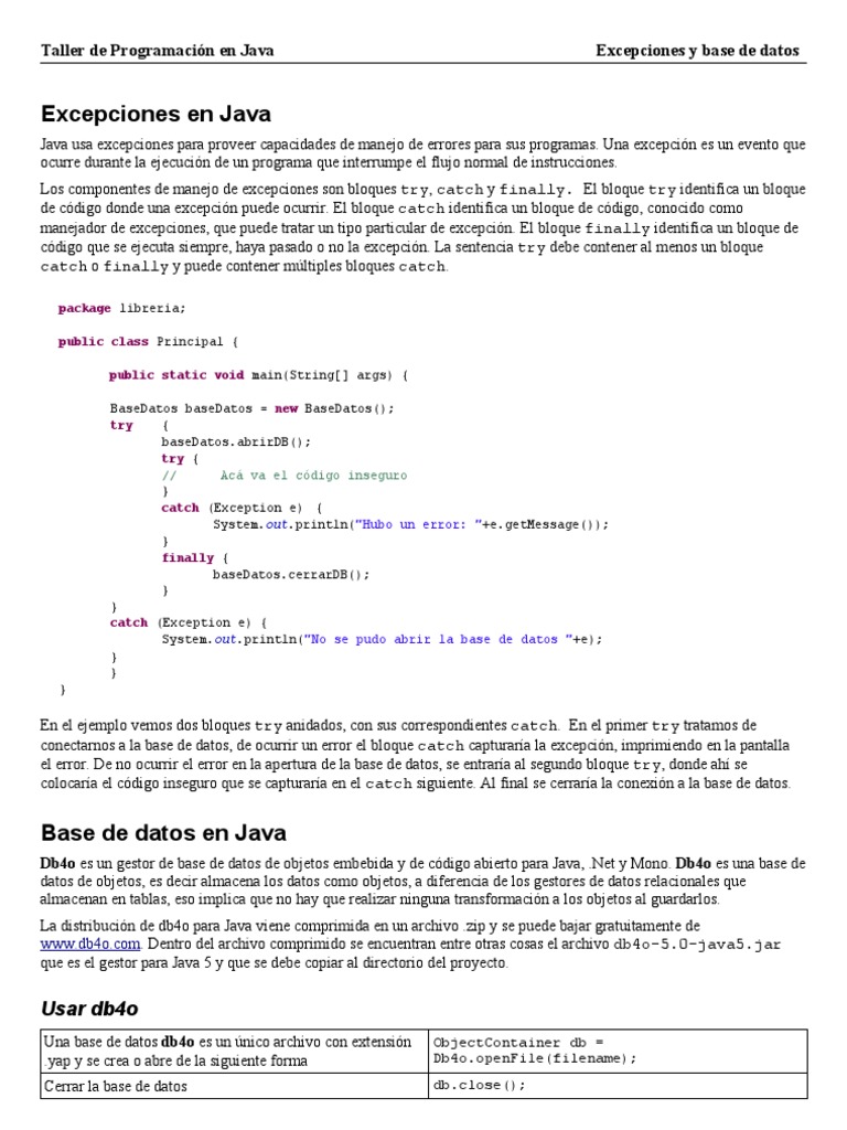 Manejo de excepciones y uso de base de datos con Java | PDF | Java ...