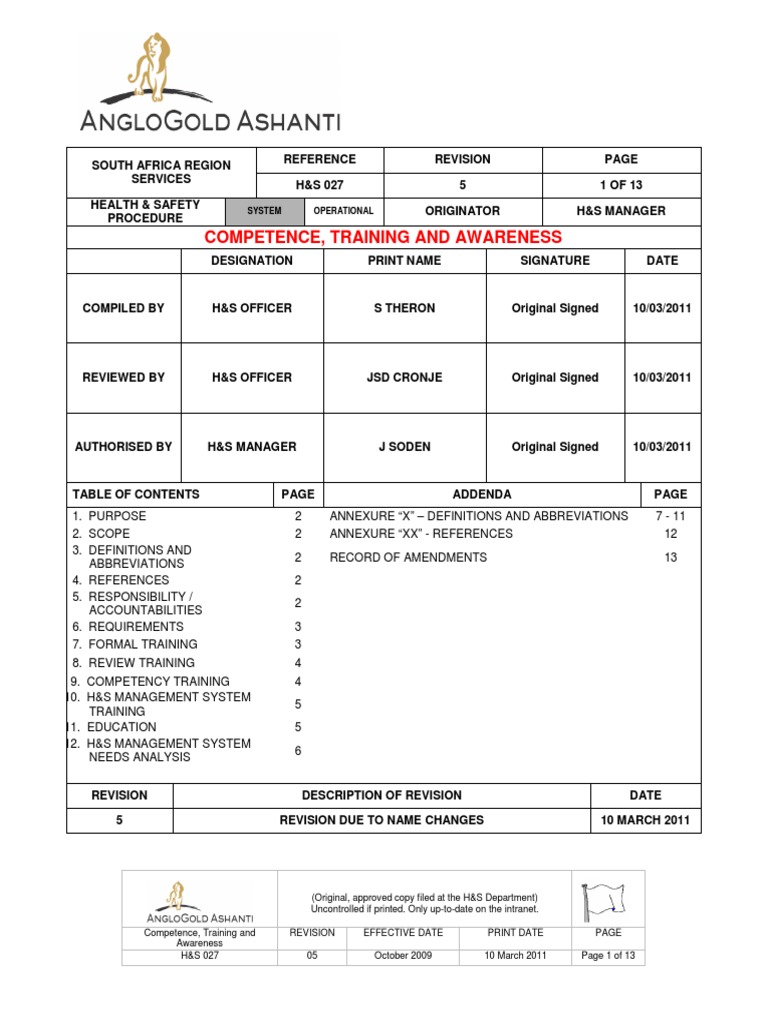 HS 027 Competence, Training and Awareness | PDF | Occupational Safety ...