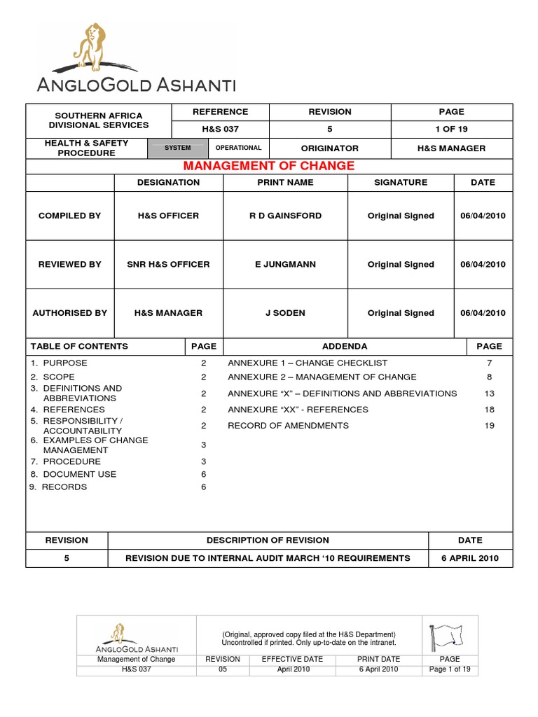 Management of Change Procedure Guide | PDF | Occupational Safety And ...