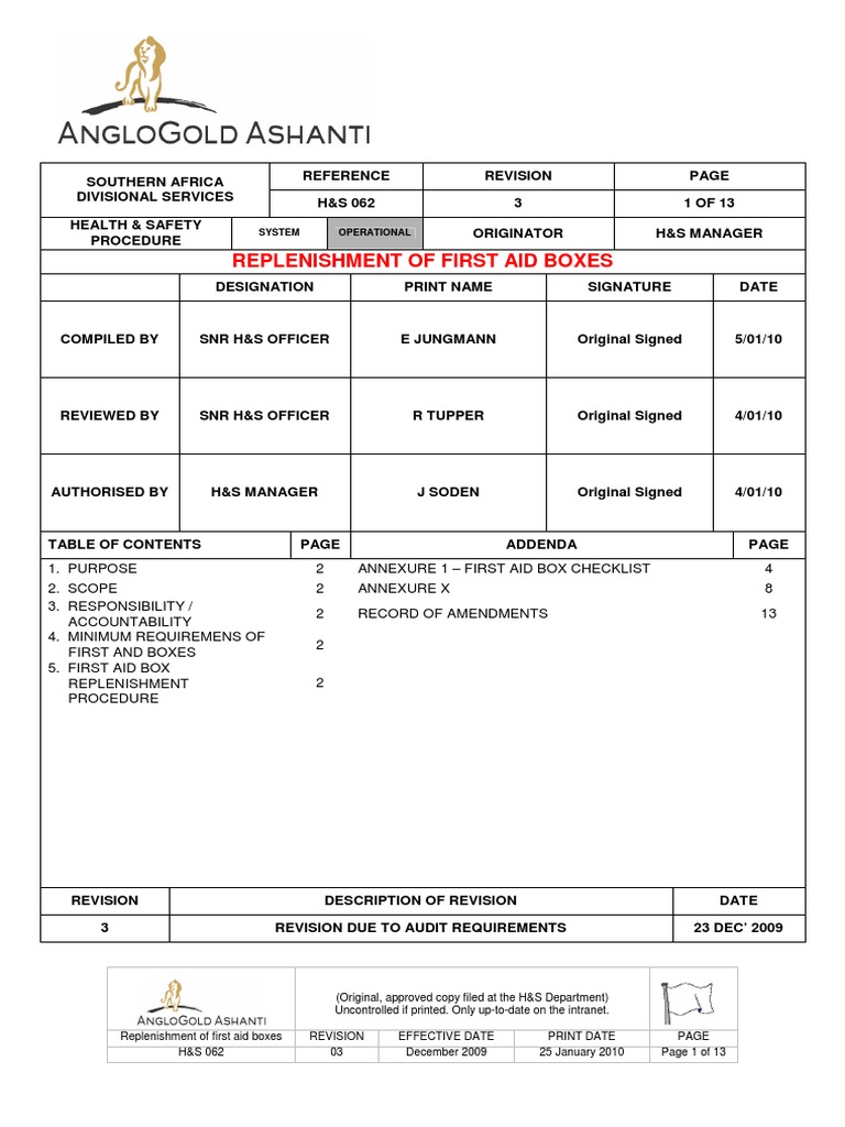 HS 062 Replenishment of First Aid Boxes | PDF | Occupational Safety And ...