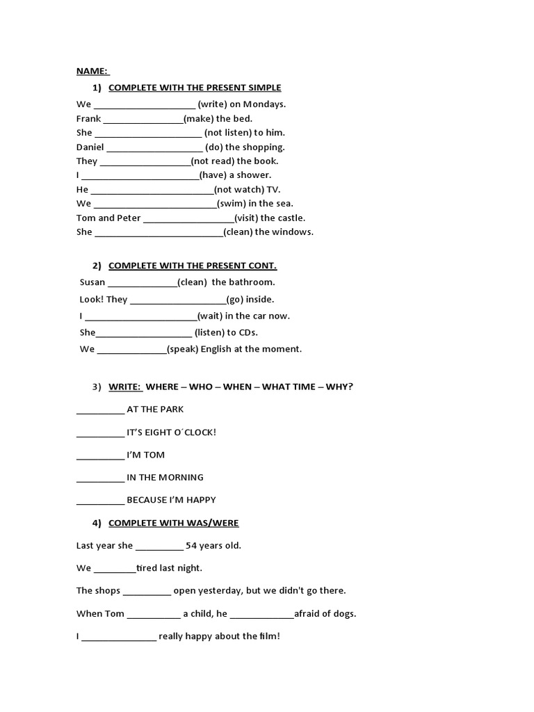 Name: 1) Complete With The Present Simple | PDF | Room | Grammar