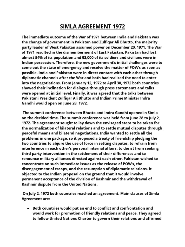 Simla Agreement | PDF | Zulfikar Ali Bhutto | Peace